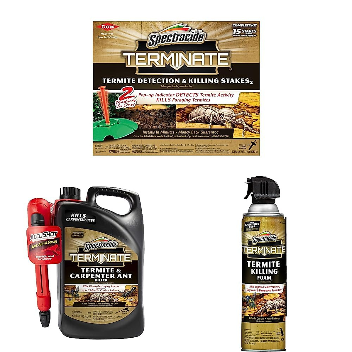 Spectracide Terminate Termite Detection & Killing Stakes, 15 Count & Carpenter Ant Killer, Localized Control Termite Spray, 1.33 Gallon (RTU Spray) & Terminate Termite Killing Foam, 16 fl Ounce