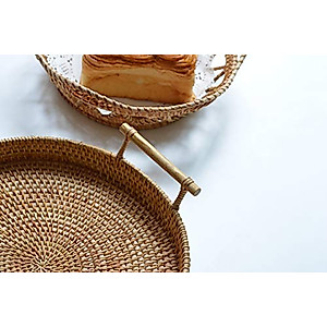 DECRAFTS Rattan Round Serving Tray Wicker Woven Bread Basket with Handles for Cracker Dinner Parties Coffee Table Breakfast (Natural 12.6 inches)