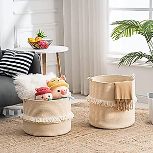 YOUDENOVA Large Woven Rope Storage Basket, Baby Nursery Hamper for Toy&Clothes, Beige Decorative Blanket Basket with Cute Knot Handles & Tassel, Boho Laundry Hamper for Living Room, 15.7 inchx16.9 inch