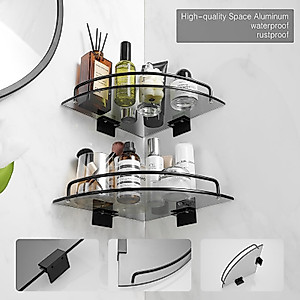Voldra 2 Pack Glass Corner Shelf for Bathroom Corner Shower Caddy Shelf Black Tempered Glass Shelf with Rail Bathroom Corner Organizer Bathroom Shelves Wall Mounted