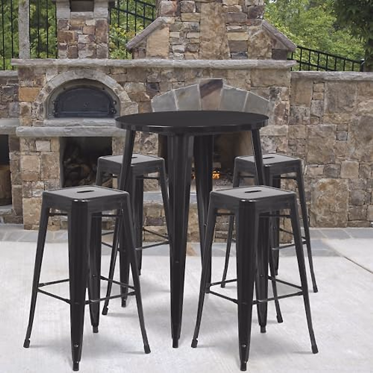 Flash Furniture Commercial Grade 30" Round Black Metal Indoor-Outdoor Bar Table Set with 4 Square Seat Backless Stools