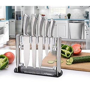 Cheer Collection Stainless Steel Chef Knife Set with Acrylic Stand (6-Piece) Professional Kitchen Utensils - Sharp Serrated and Standard Blades for Mincing, Chopping, Slicing