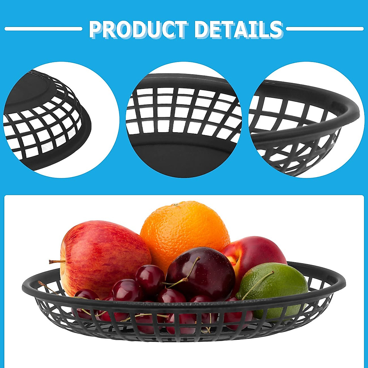 Cezoyx 50 Pack Black Fast Food Basket, 8.9 x 5.6 x 1.5 inch Oval Bread Fry Baskets Plastic Food Serving Tray for Fast Food Restaurant Supplies, Deli Serving, Chicken, Burgers, Sandwiches, Fries
