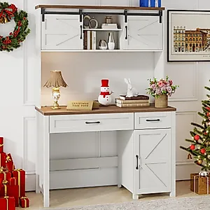 Vabches Farmhouse 47" Desk, Executive I-Shape with 3 Drawers, Storage Cabinet, Hutch, Charging Hub for Home Office