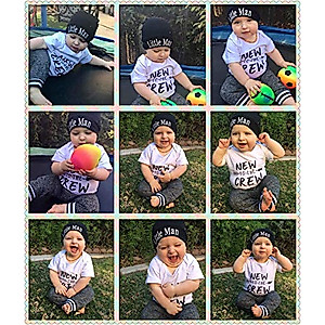 CETEPY Baby Boy Clothes Newborn Romper Infant Summer Outfits Short Sleeve + Long Pants + Hat 3Pcs Set New to The Crew Letter Printed White 0-3 Months 70cm