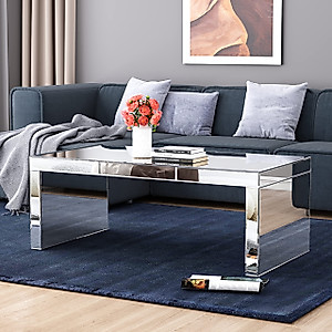 Silver Coffee Table with All Mirrored Finished, Modern Contemporary Accent Side or Coffee Table for Living Room