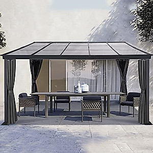 GARTOO 10' x 13' Outdoor Hardtop Gazebo, Wall-Mounted Aluminum Frame Pergola Sunroom with Sloping Polycarbonate Roof & Double Curtains for Garden, Lawn, Outdoor Party, Backyard Deck1
