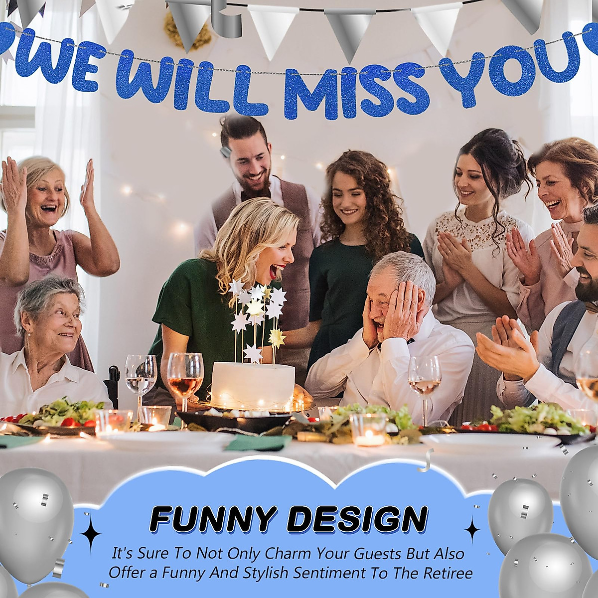 Fulmoon Pre Strung We Will Miss You Banner Glitter Bunting Graduation Retirement Party Decorations 8.2 ft Goodbye Decorations for Going Away Farewell Army Decorations Party Supplie(Navy Blue)