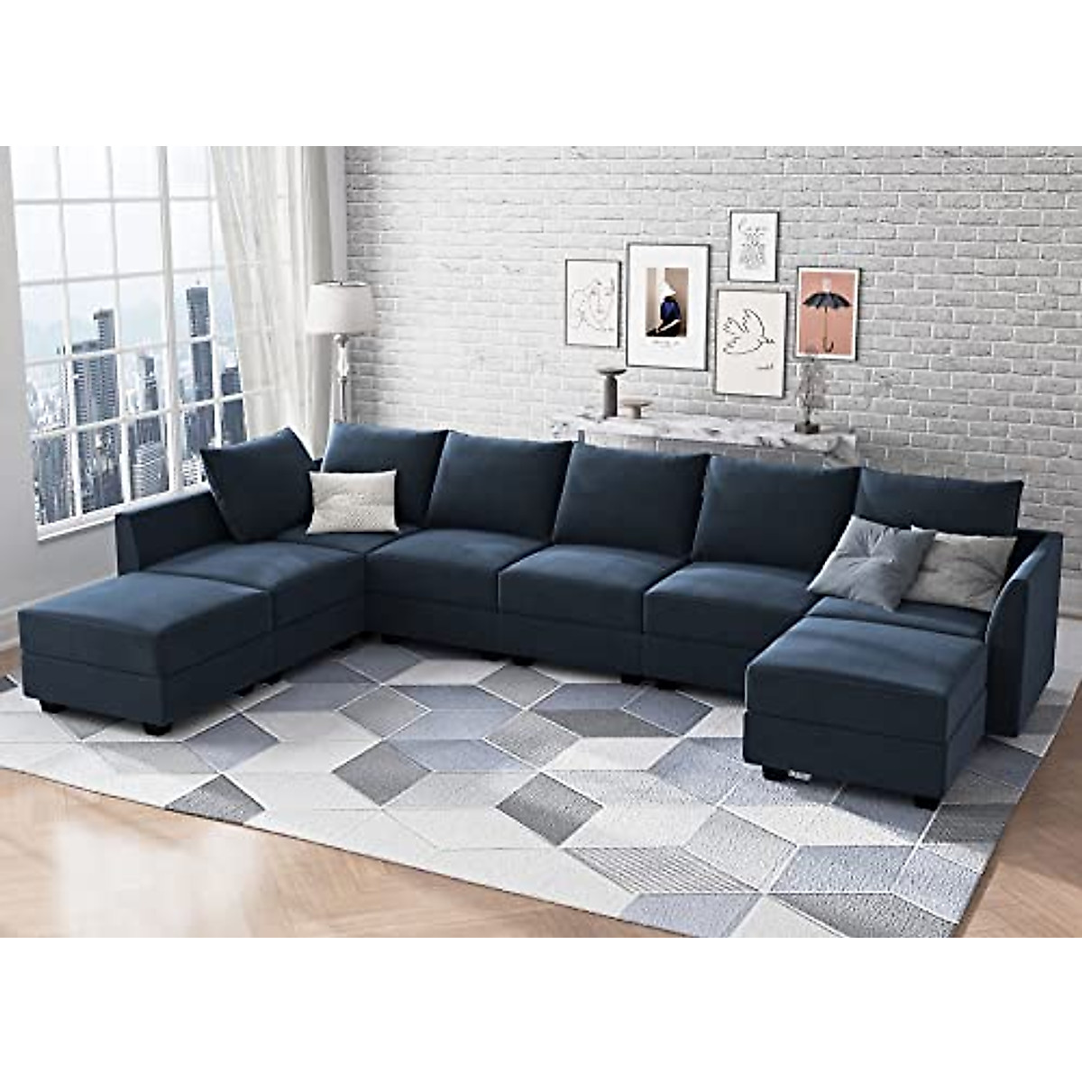 HONBAY Modular Sectional Sofa with Ottoman Oversized U Shaped Couch with Reversible Chaise Velvet Sleeper Modular Sofa Convertible Sectional Couch for Living Room, Dark Blue