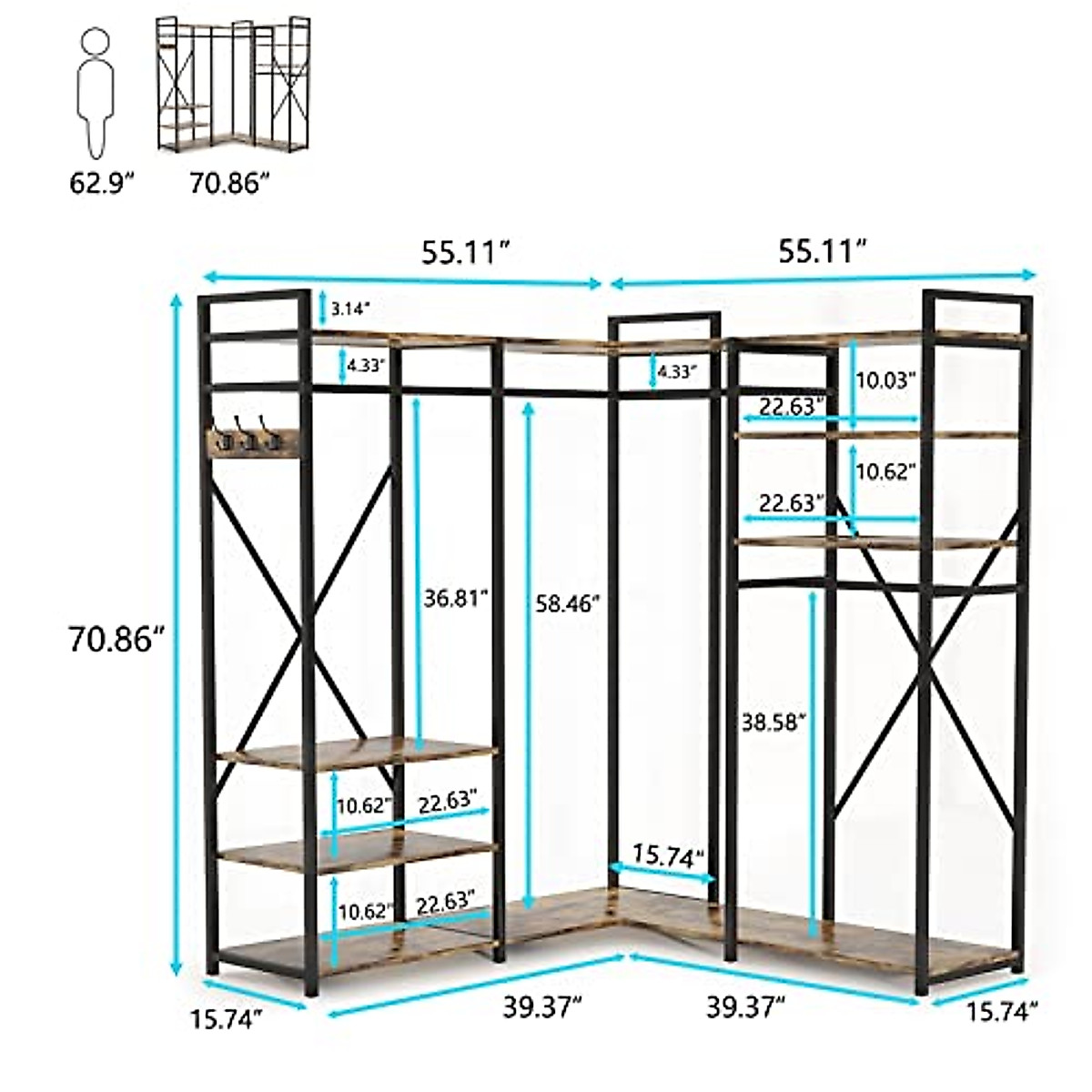 PAKASEPT L Shaped Garment Rack, L Shaped Closet Organizer, Freestanding Corner Clothes Garment Rack with 4 Hanging Rods and Open Shelves Heavy Duty Metal Clothing Rack for Bedroom