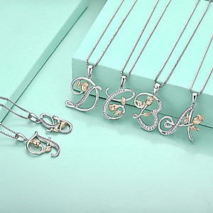 STARCHENIE Initial Necklace for Women Sterling Silver Letters 26 Alphabet Pendant Rose Flower Jewelry Gifts for Family Sisters Friend-A