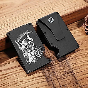 Coukula Minimalist Wallet for Men - RFID Blocking Metal Wallet - Engraved Skull Poker - Aluminum Slim Money Clip - Front Pocket Credit Card Holder - Tactical Wallet for Business Travel