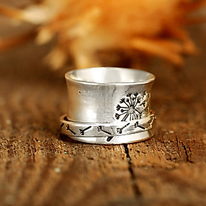 Boho-Magic 925 Sterling Silver Spinner Ring for Women Dandelion Flower Fidget Anxiety Relief Wide Band