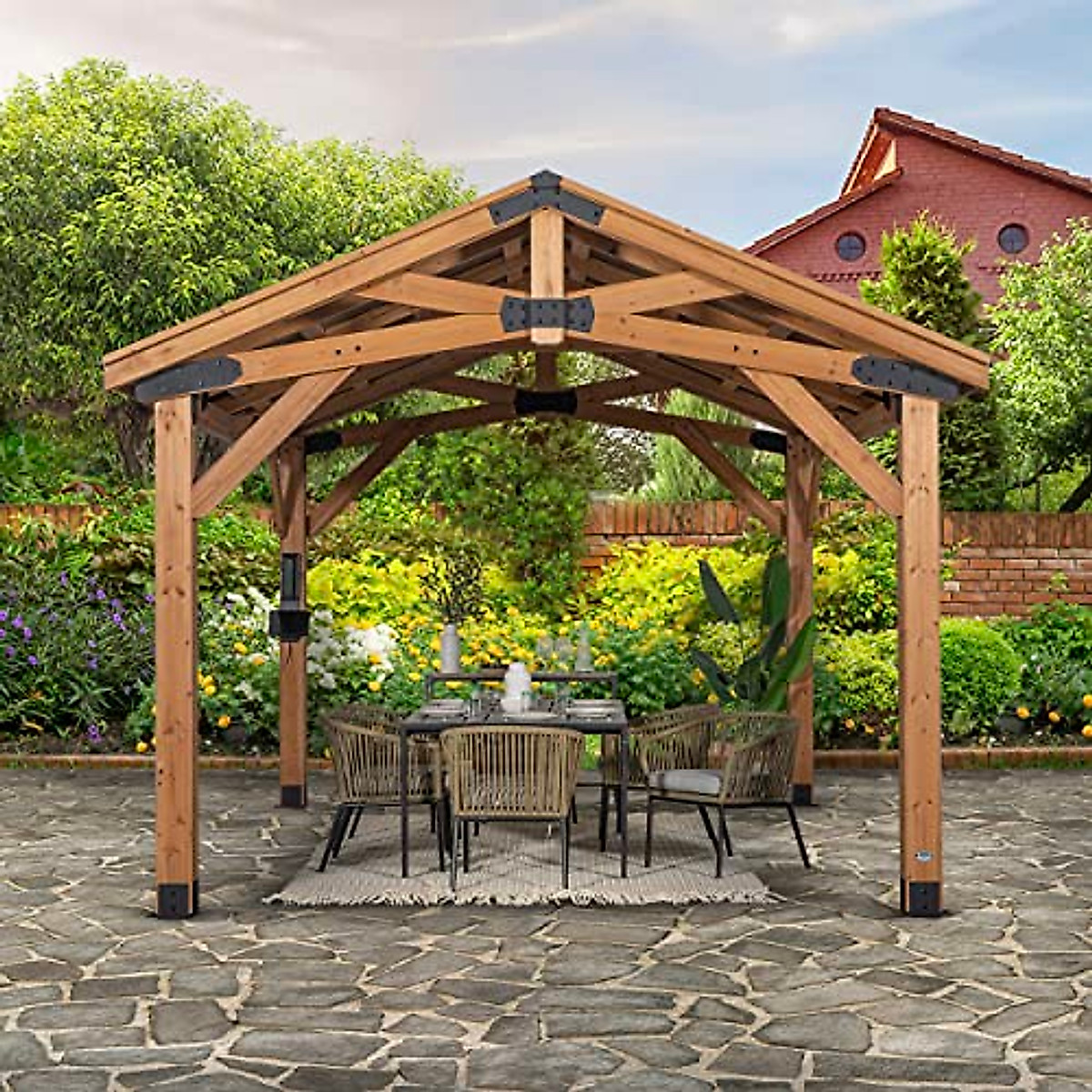 Backyard Discovery Norwood 14x12 All Cedar Wood Gazebo,Thermal Insulated Steel Roof, Durable, Supports Snow Loads and Wind Speed, Rot Resistant, Backyard, Deck, Garden, Patio