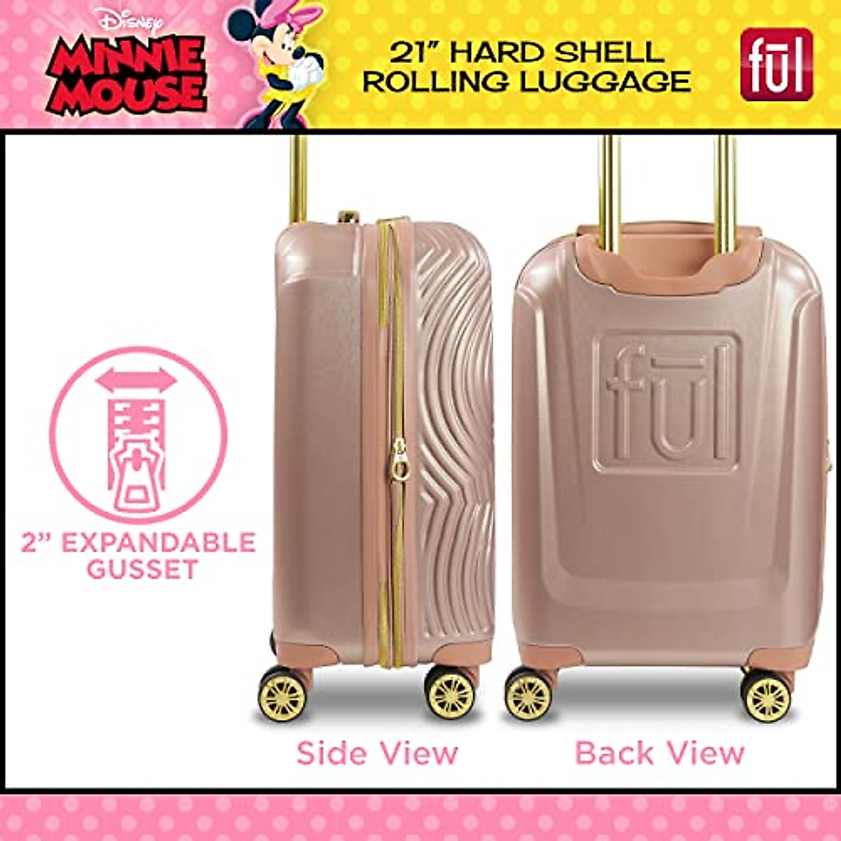 FUL Disney Minnie Mouse 21 Inch Rolling Luggage, Molded Hardshell Carry On Suitcase with Wheels, Rose Gold (FCFL0104-661)