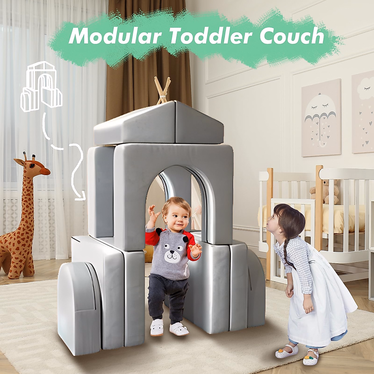 hoopyosms 10-Piece Modular Kids Play Couch Convertible Foam Sofa for Toddlers Fun Indoor Playroom & Bedroom Seating Soft & Versatile Design, Grey