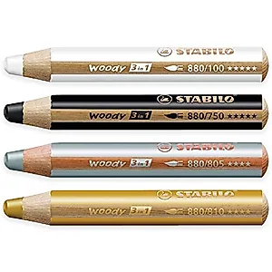 STABILO Multi-talented Pencil woody 3-in-1 - Pack of 4 - Black, White, Gold & Silver