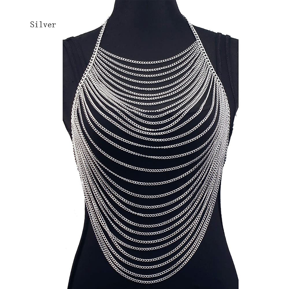 CHRAN Full Body Chain Jewelry for Women Sexy Costume Multilay Silver Metal Chain Harness
