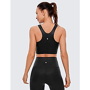 CRZ YOGA Butterluxe Racerback High Neck Longline Sports Bras for Women - Padded Workout Crop Tank Tops with Built in Pads Faux Leather Black Large
