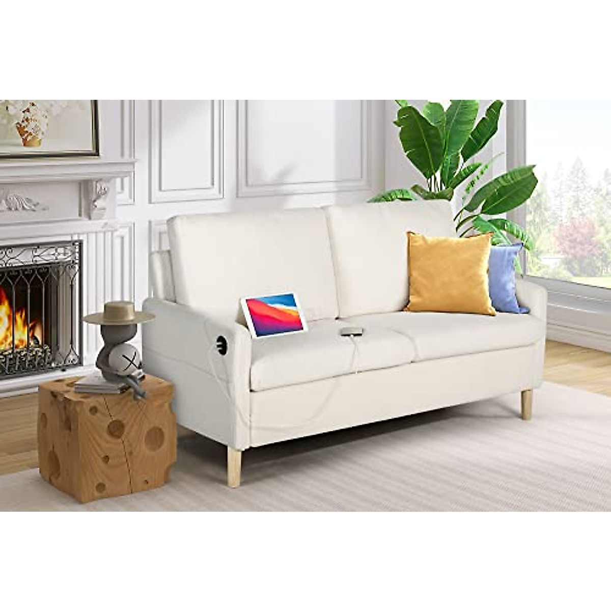 TYBOATLE Modern Small Loveseat Sofa with 2 USB Charging Ports, 55"W Teddy Short Fleece Fabric Soft Couches, Upholstered 2-Seater Suitable for Small Spaces, Living Room, Office, Apartment (Cream White)