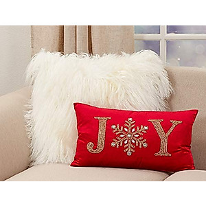SARO LIFESTYLE Christmas Collection Beaded Joy Throw Pillow with Poly Filling, 12" x 20", Red, 9053.R1220BP
