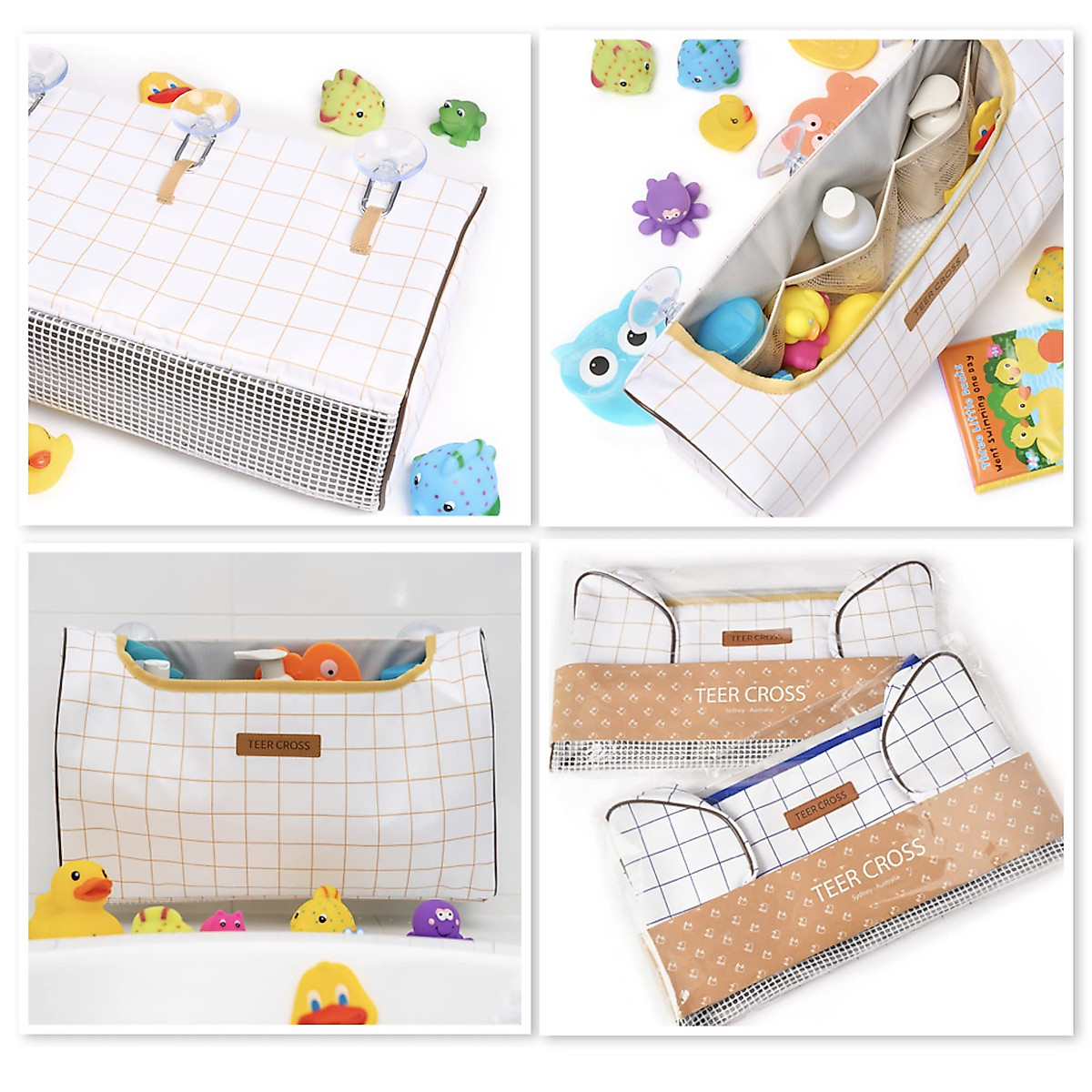 Large Bath Toy Storage with A Quick Dry Mesh Base. Sturdy Bath Toy Holder with 3 Strong Suction Cups. The Bath Toy Organizer Keeps Your Bathroom Tidy. Bathtub Toy Holder (Golden Check)