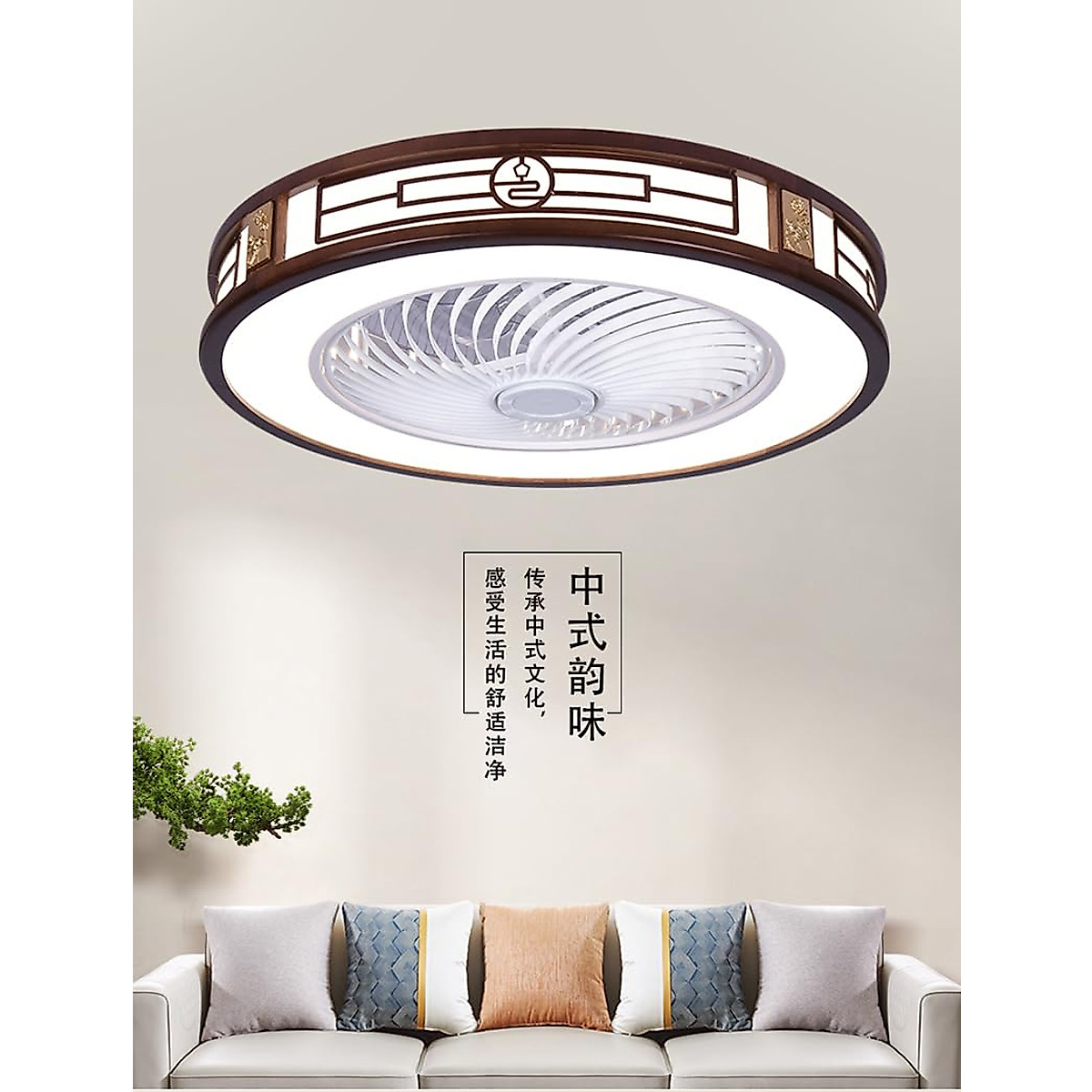 PIAOCAIYIN Modern Led Ceiling Fan with Light, Dimmable Round Chandelier Lamp, 110V Flush Mount Low Profile Fan, Adjustable Speed and Color Temperature, Remote Control, for Bedroom Dining Room