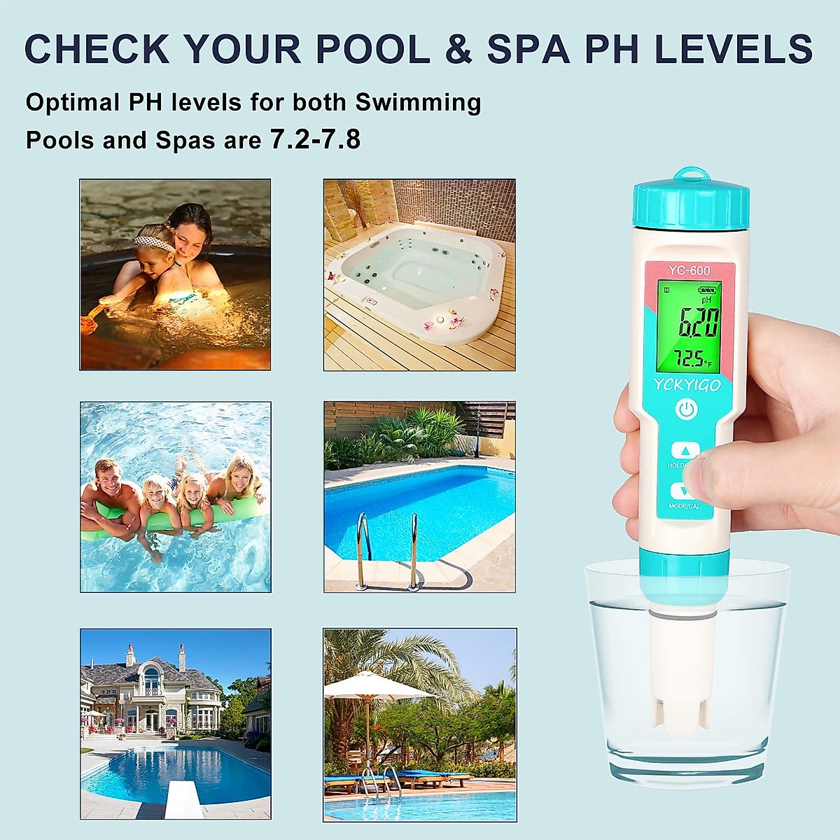 YCKYIGO Salt Water Pool Tester Large Range 7 in 1 Multi-Parameter Tester for Salt Swimming Pool and Spa