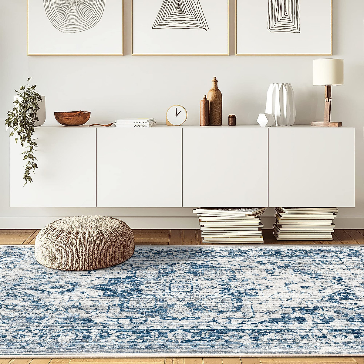 FAIOKAVER Soft Thin Washable Vintage Area Rug - 5X7 Large Boho Blue Bedroom Rug Entry Mat,Vintage Non-Slip Non-Shedding Low Pile Indoor Throw Carpet for Laundry Living Room