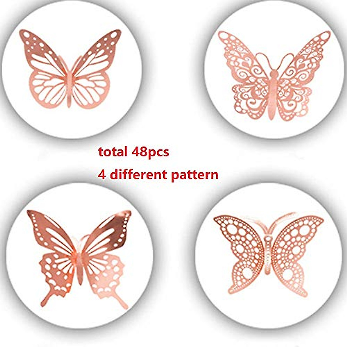 paperbgspen 3D Butterfly Wall Stickers, 48PCS Rose Gold Butterfly Wall Decals Decorations Stickers with 4 Patterns Butterflies Rose Gold Party Decoration for Home Nursery Classroom Kids Bedroom Decor