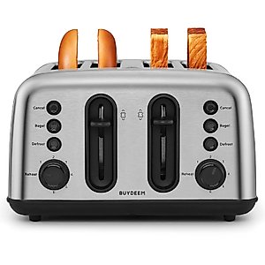 BUYDEEM DT440 4 Slice Toaster, Stainless Steel Toaster with Extra Wide Slots for Bagels, Muffins, High Lift Lever, 6 Shade Settings, Retro Sliver