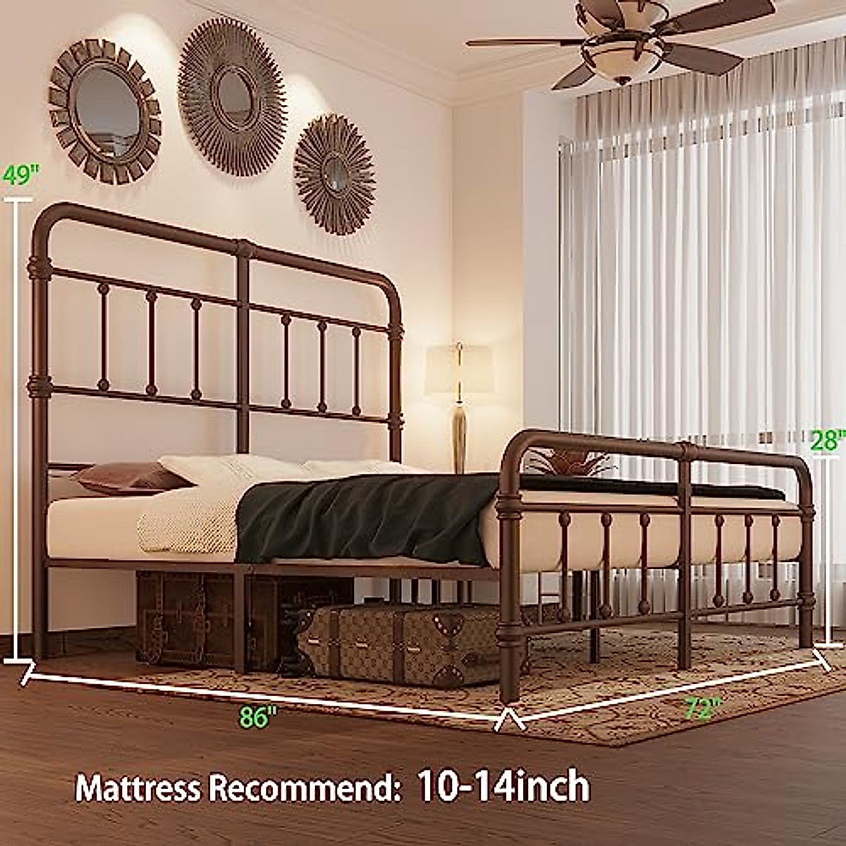 Geltanny California-King-Bed-Frame-Vintage-Farmhouse 49 inch Tall-headboard-Iron - Platform Mattress Foundation,No Box Spring Needed (Dark Bronze)