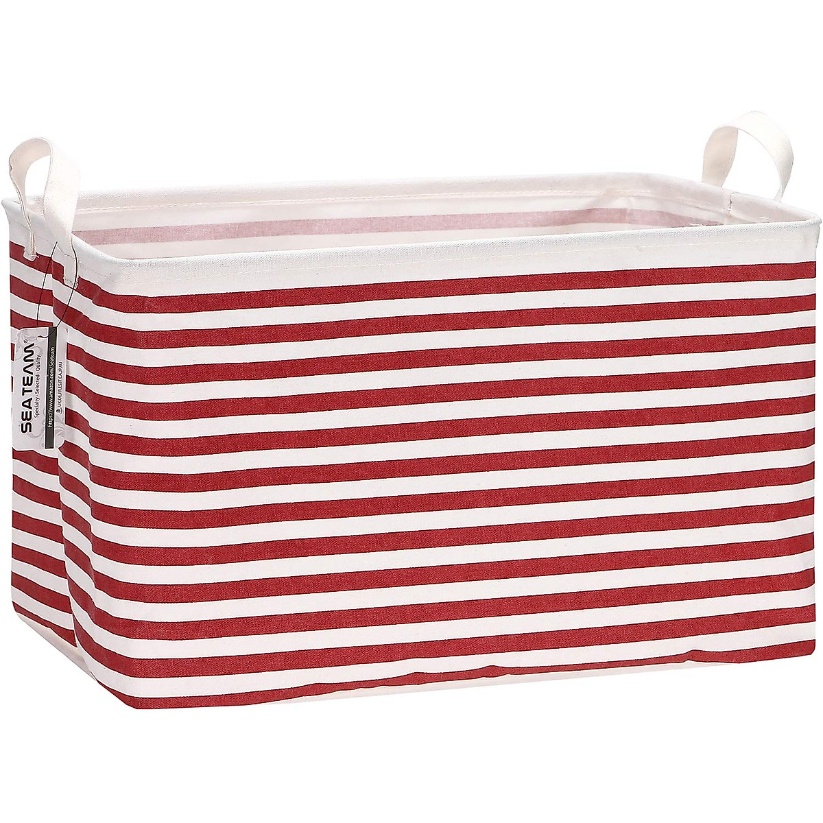 Sea Team Collapsible Canvas Fabric Storage Basket with Handles, Rectangle Waterproof Storage Bin, Box, Cube, Foldable Shelf Basket, Closet Organizer, 16.5 x 11.8 x 9.8 Inches, Red Stripe