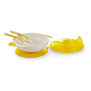 Baby Suction Bowl with Lid Snap-in Fork & Spoon - BPA Free First Stage Self Feeding Utensils - by Primo Passi |Yellow|