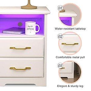 NEDYO White Nightstand with Charging Station & LED, Bed Side Table with 2 Drawers, Modern Small End Table for Bedroom and Living Room. Cream White
