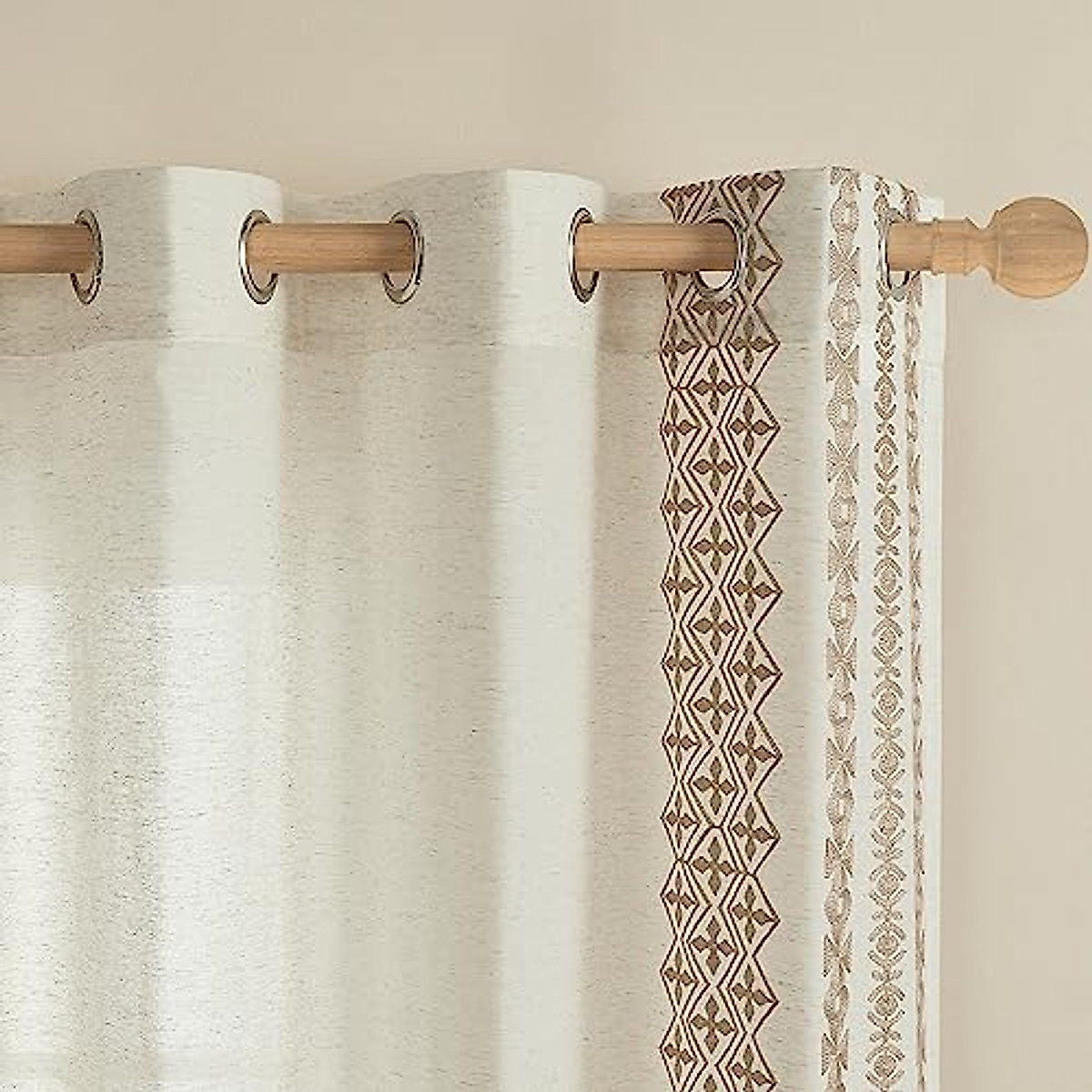 Cream Boho Curtains 108 Inches Long for Living Room bedroom Large Window Curtains 2 Panels Set Grommet Tan Embroidery Flax Drapes for High Ceiling to Floor Length Sliding Glass Doors, 52x108, Taupe