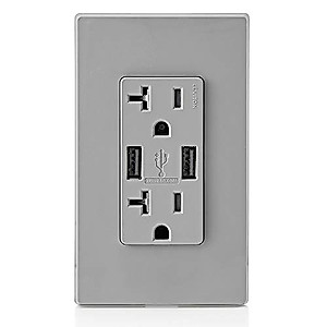 Leviton T5832-GY 20-Amp USB Charger/Tamper Resistant Duplex Receptacle, Gray, 1-Pack