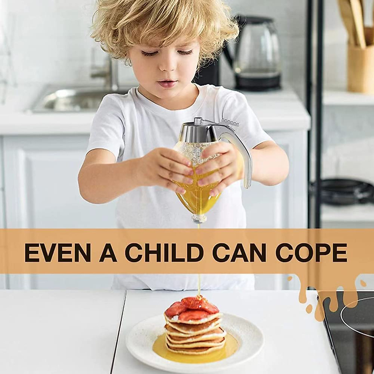 Honey Dispenser No Drip Glass - Maple Syrup Dispenser Glass - Beautiful Honey Comb Shaped Honey Pot - Honey Jar with Stand, Great Bee Decor