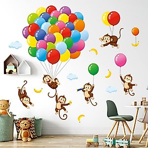 DECOWALL SG-2202 Balloons Monkey Wall Stickers Cartoon Monkeys Decals for Kids Children Baby Bedroom Nursery Living Room Art Home Decor Decoration Removable