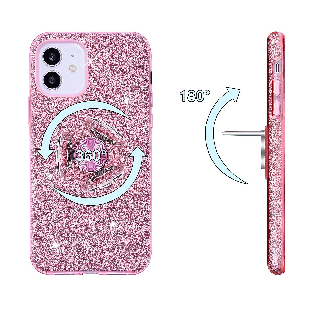 Wisdompro Case for iPhone 12 Mini, Cute Glitter Bling Sparkle Protective Case with Ring Kickstand, Women Girls Phone Case for 5.4 Inch Apple iPhone 12 Mini - Pink