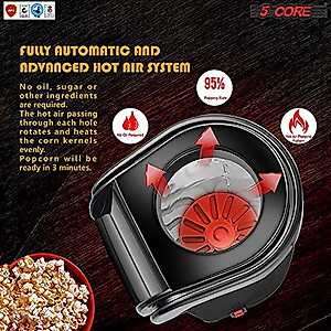 5 Core Hot Air Popcorn Popper 1200W Electric Popcorn Machine Kernel Corn Maker, Bpa Free, 16 Cups, 95% Popping Rate, 3 Minutes Fast, No Oil Healthy Snack for Kids Adults, Home, Party & Gift POP B