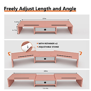 WESTREE Dual 3 Shelf Computer Riser with Drawer, Adjustable Length and Angle, Desktop 2 Monitor Stand Storage Organizer
