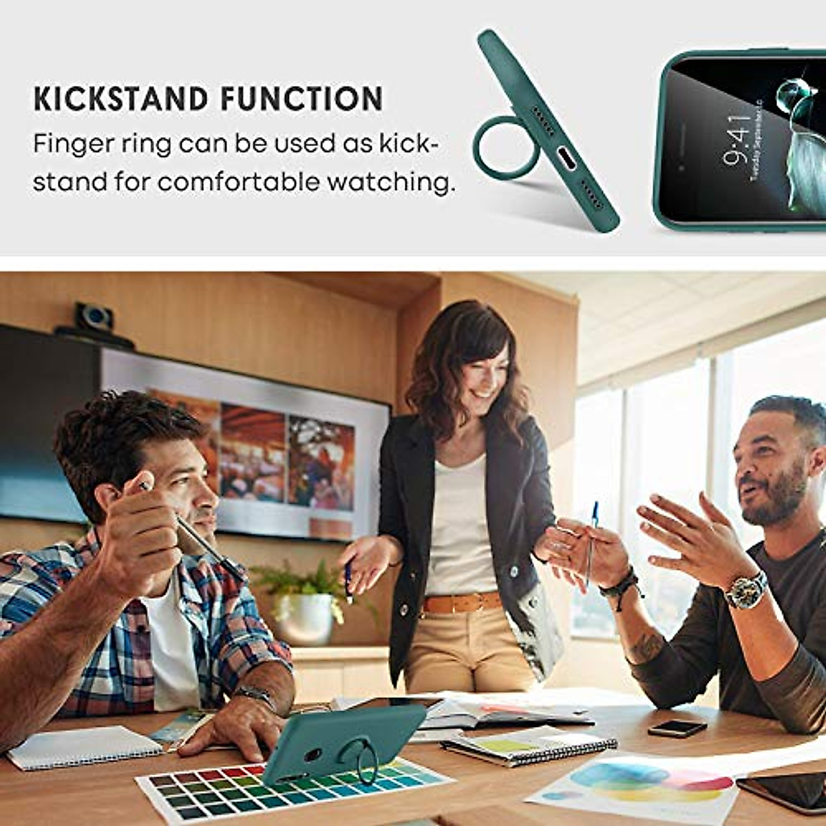 SouliGo iPhone SE 2022 Case, iPhone SE 2020 Case, iPhone 8 Case, iPhone 7 Case, Slim Silicone Soft Rubber Shockproof Protective Ring Kickstand Hybrid Hard Protection Girls Women Phone Cover,Dark Green