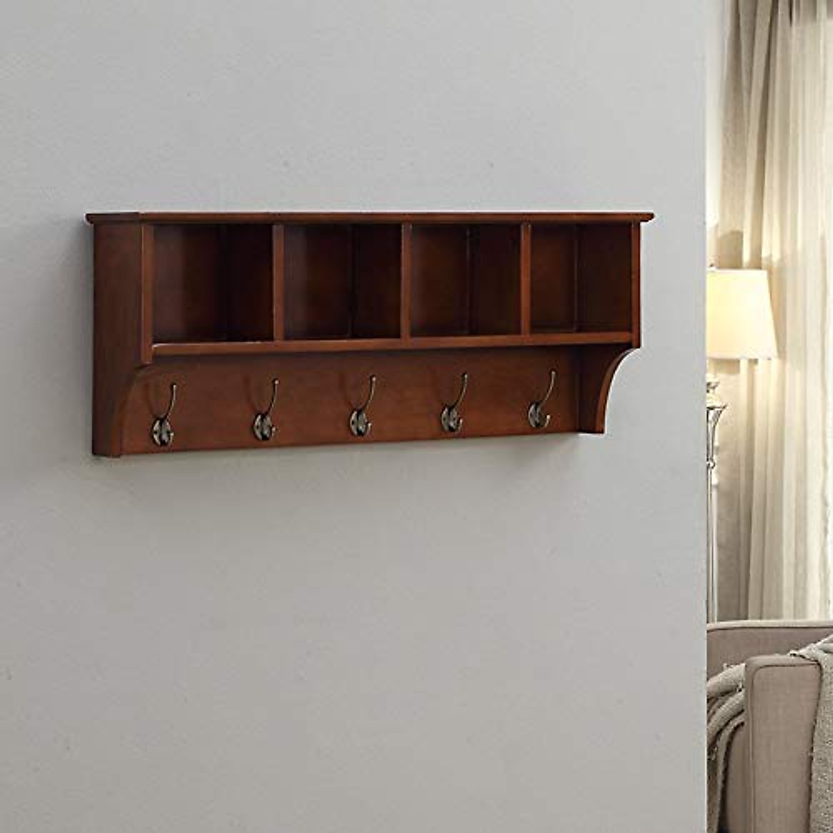 PIBM Stylish Simplicity Shelf Wall Mounted Floating Rack Wooden Wooden Storage Shelves Collection 4 Hooks/ 5 Hooks,2 Colors Avaliable, Brown , 85X35X18cm
