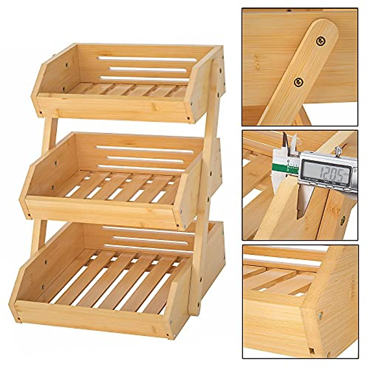 Large 3 Tier Bamboo Fruit Basket Stand for Kitchen Countertop – Fruit Holder – Perfect for Bread, Vegetables, Produce, Home Storage and Display