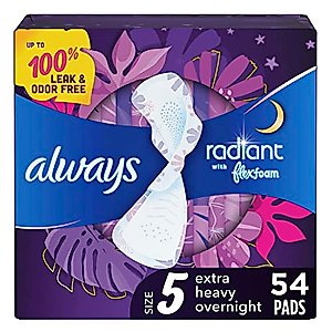 Always Radiant Feminine Pads For Women, Size 5 Extra Heavy Overnight Absorbency, Multipack, With Flexfoam, With Wings, Scented, 18 Count x 3 Packs (54 Count total)
