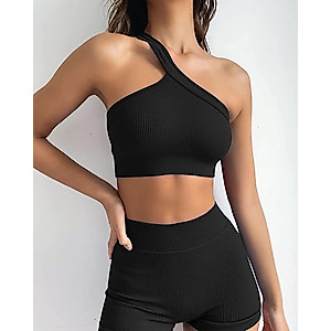 OLCHEE Womens One Shoulder Workout Sets 2 Piece - Seamless Ribbed Gym Outfits Crop Top and Mini Shorts Matching Yoga Athletic Clothing Set - Black Large