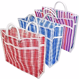 Pack of 3 Big Size Gusseted Mercado Bags - Mexican Tote Market Reusable Grocery Bag, Multipurpose High Thread Mesh Bag with Assorted Colors (15" x 18")