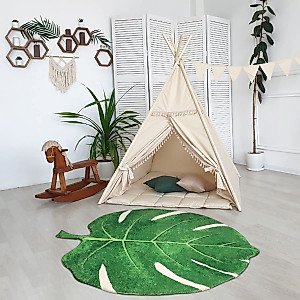 LIVEBOX Nursery Rug 35.5"x44" Washable Kids Rug for Bedroom, Green Leaf Shaped Area Rug Soft Cute Children Play Carpet Non-Slip Baby Playroom Rug for Toddler Tent