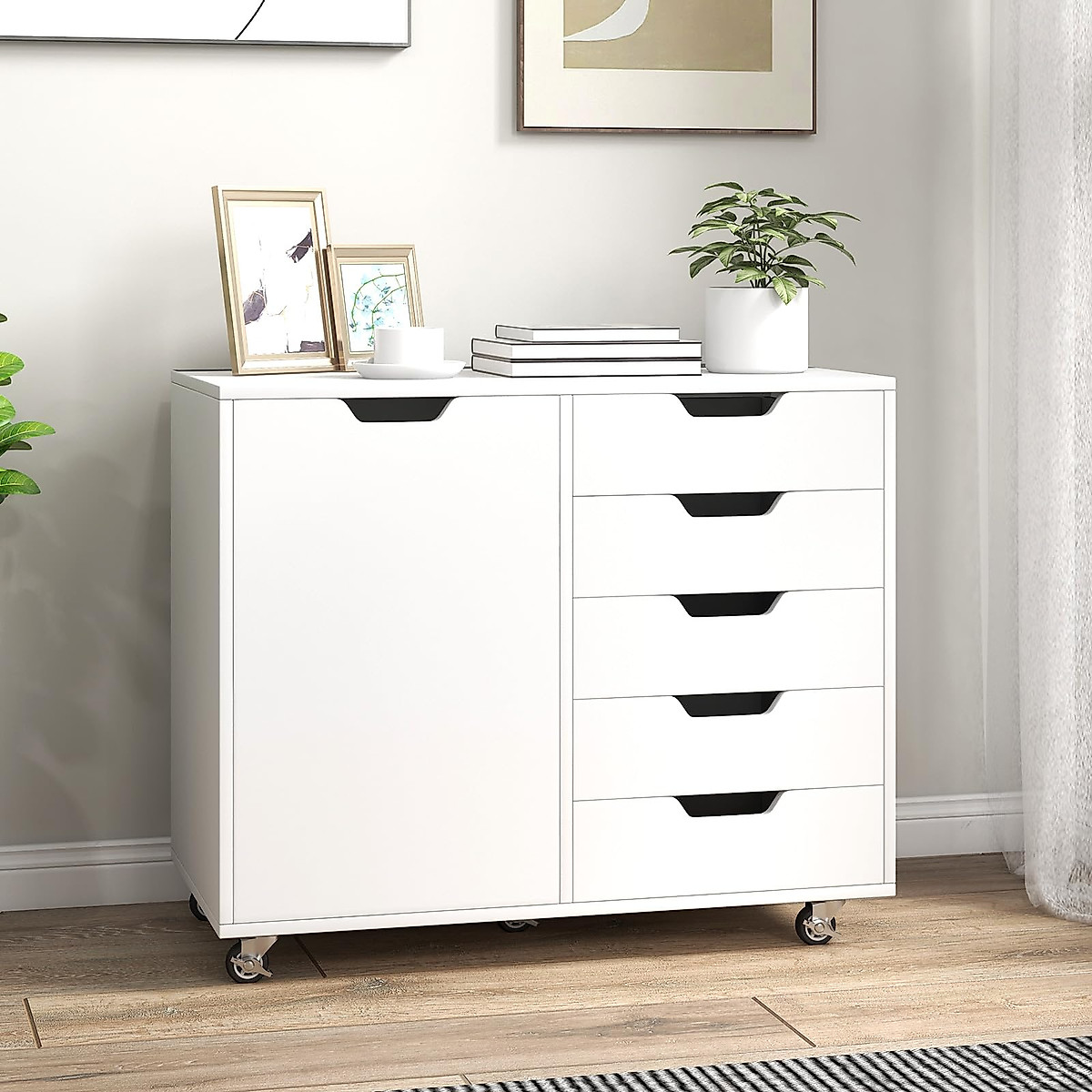 IFANNY Modern File Cabinet, White Lateral Filing Cabinet 5 Drawer with Universal Wheels, Wood Printer Stand with Storage, Rolling File Cabinets for Home Office, Living Dining Room, Bedroom, Kitchen